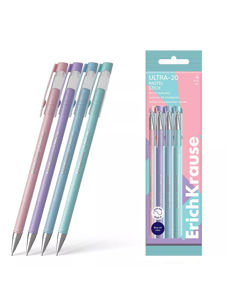 Набор из 4 ручек шариковых ULTRA-20 Stick Pastel 0.7, синих