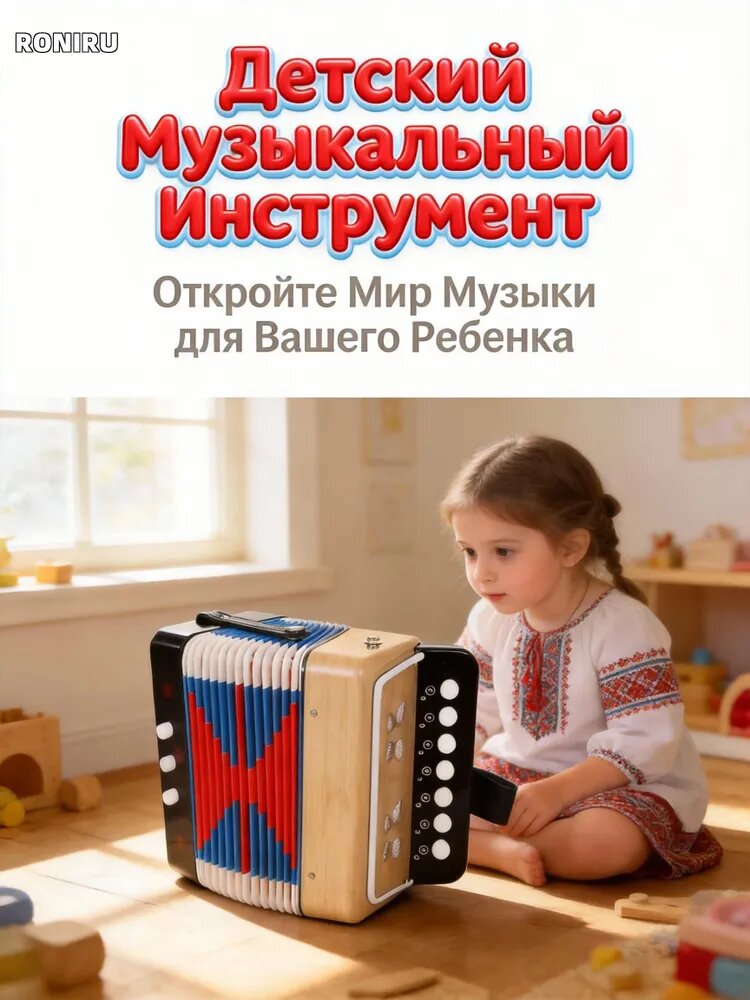 Детский аккордеон, музыкальная игрушка с полной гаммой, 7 нот справа и 3 слева, пластиковые клавиши и подписи на правых клавишах