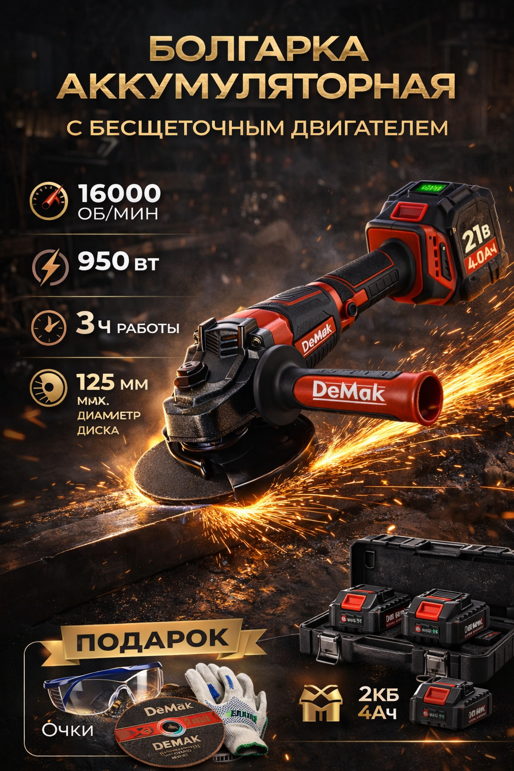 Болгарка аккумуляторная бесщеточная DeMak 21В, УШМ 125 мм, болгарка аккумуляторная 125, в кейсе