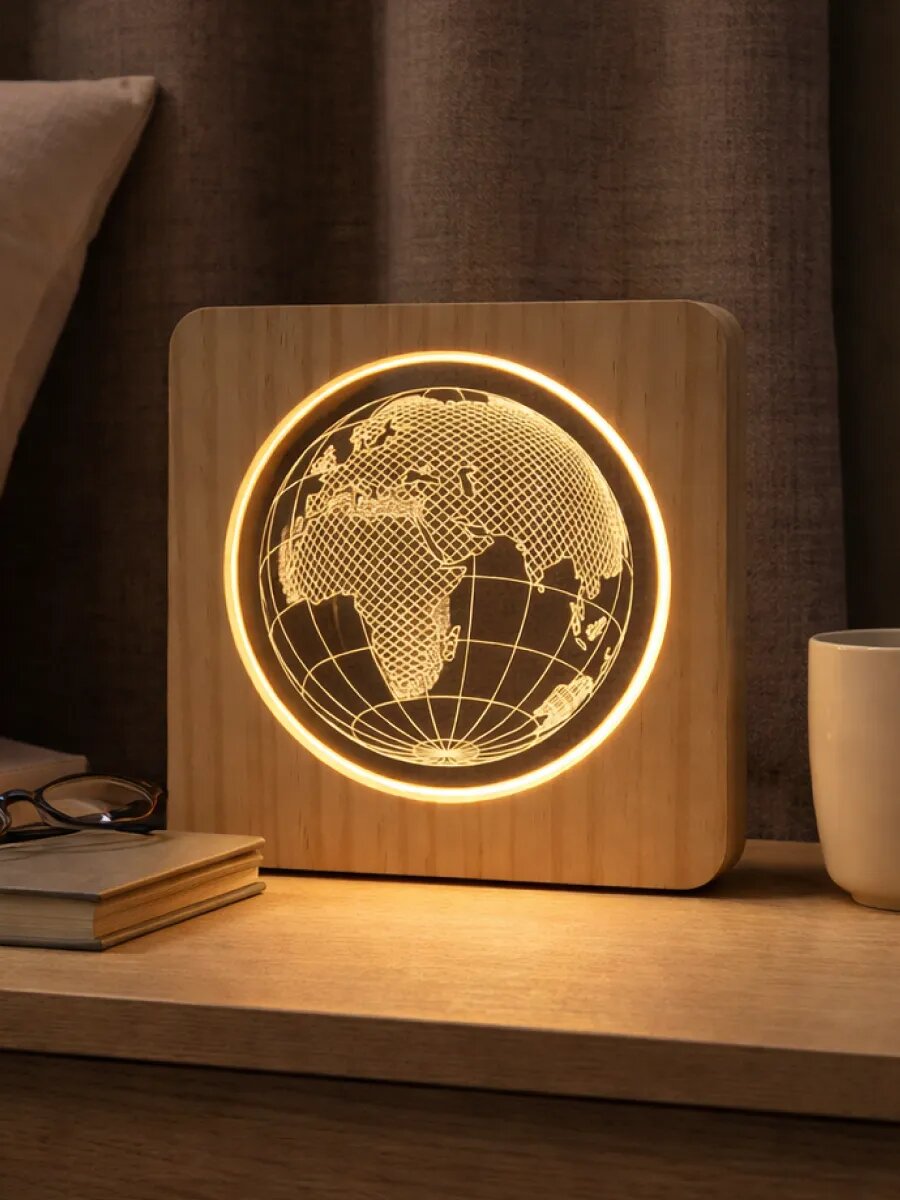 Настольный 3D светильник ночник декоративный деревянный Планета