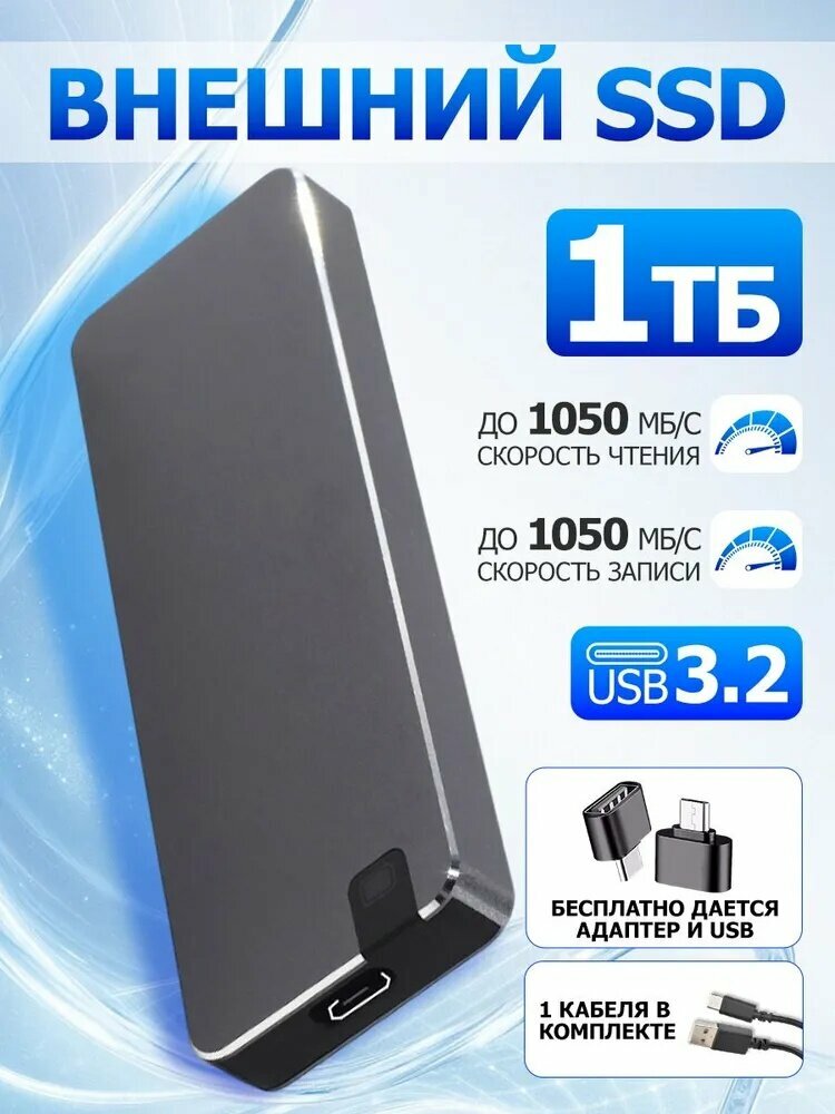 Внешний SSD ZG-GTYP, 1TB, металлический, чёрный матовый, защита от ударов и пыли