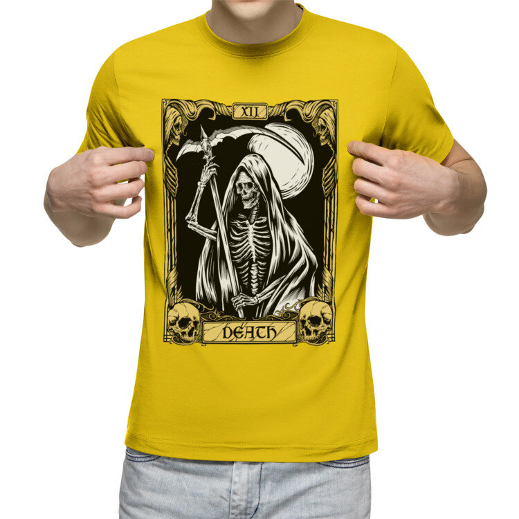 Мужская футболка «Карта таро Смерть с косой, скелет, эзотерика, гадание» (желтый, S)