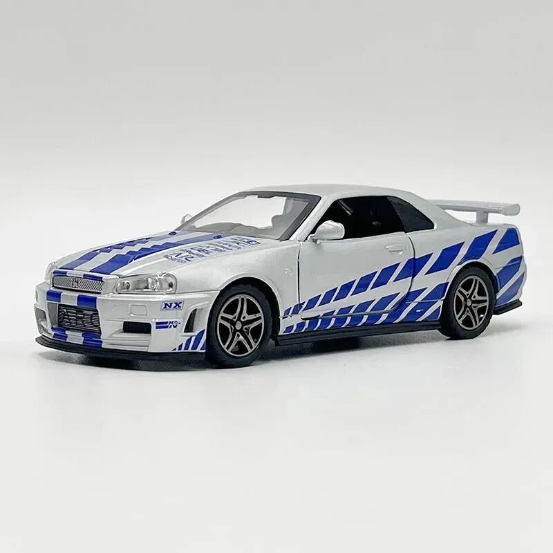 1: 32 Литой автомобиль модель игрушечный Nissan GTR R34 со звуком и светом