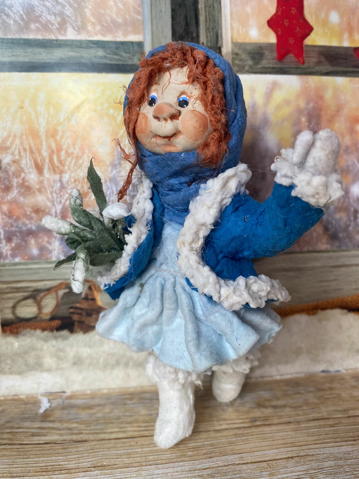 Ватная елочная игрушка Девочка с подснежниками .