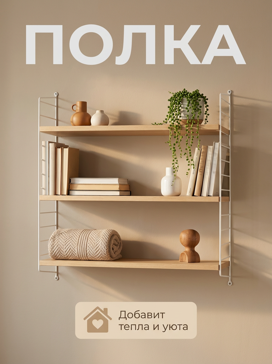 Полка настенная прямая модульная для книг, цветов, фотографий и декора 80x75x20 см. Scandi Systems дуб