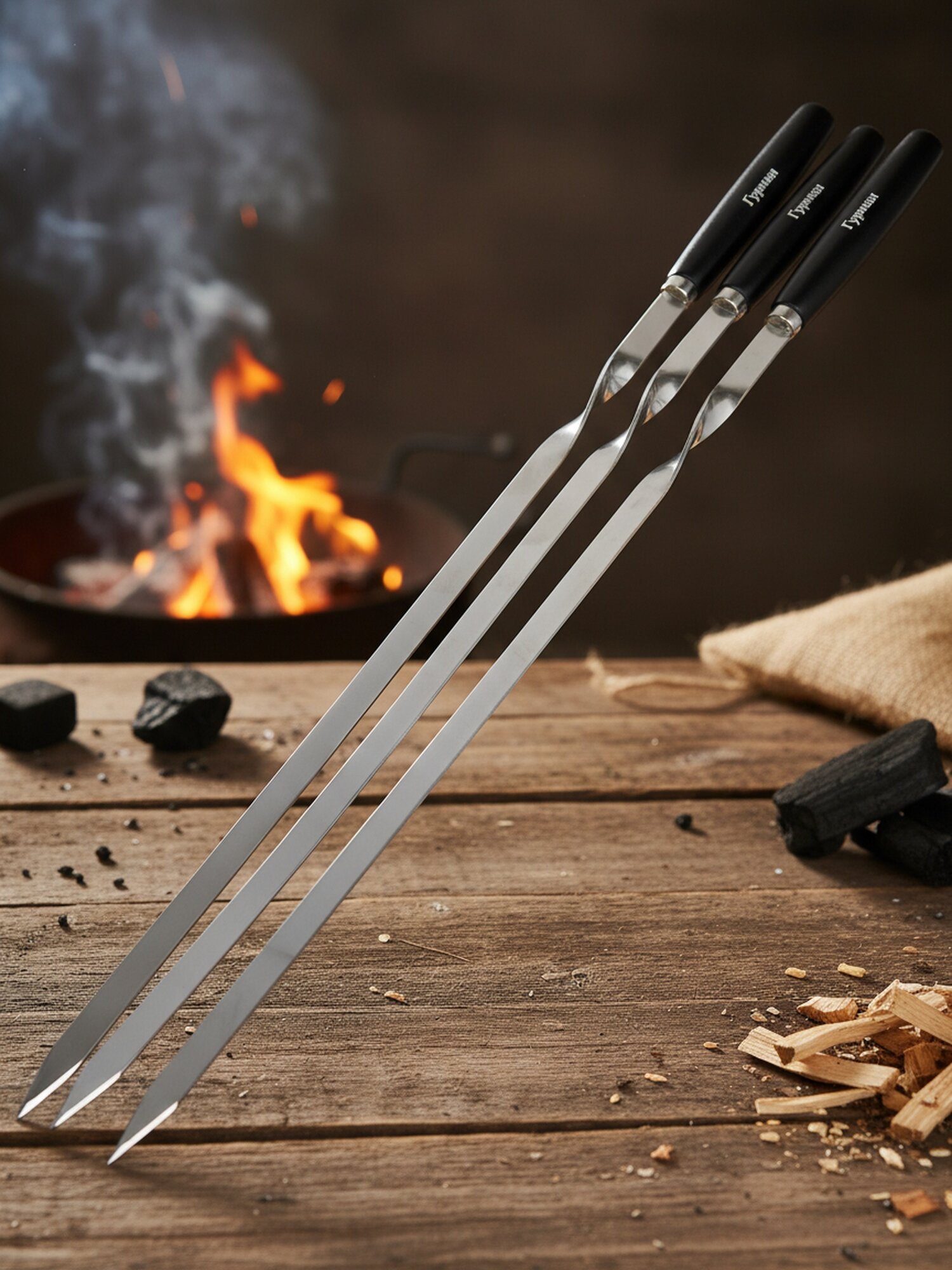 Набор шампуров Гурман 6 шт, 55 см, деревянная рукоятка, хромированные, для шашлыка на мангале и даче, WL2022915