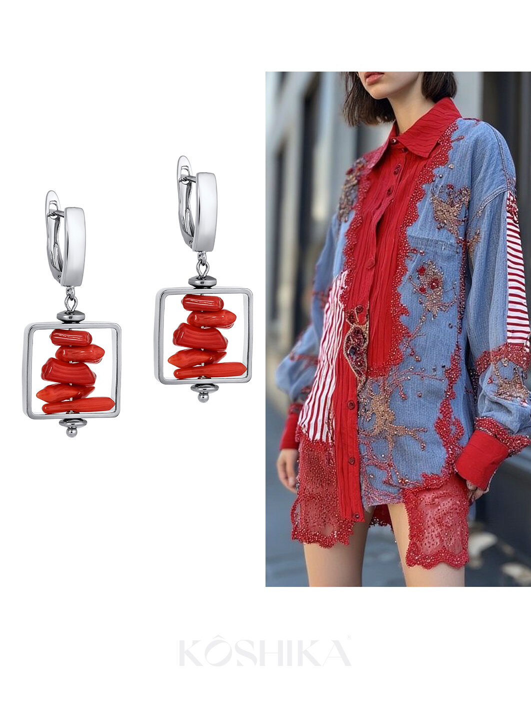 Серьги с подвесками, двусторонние, коралл