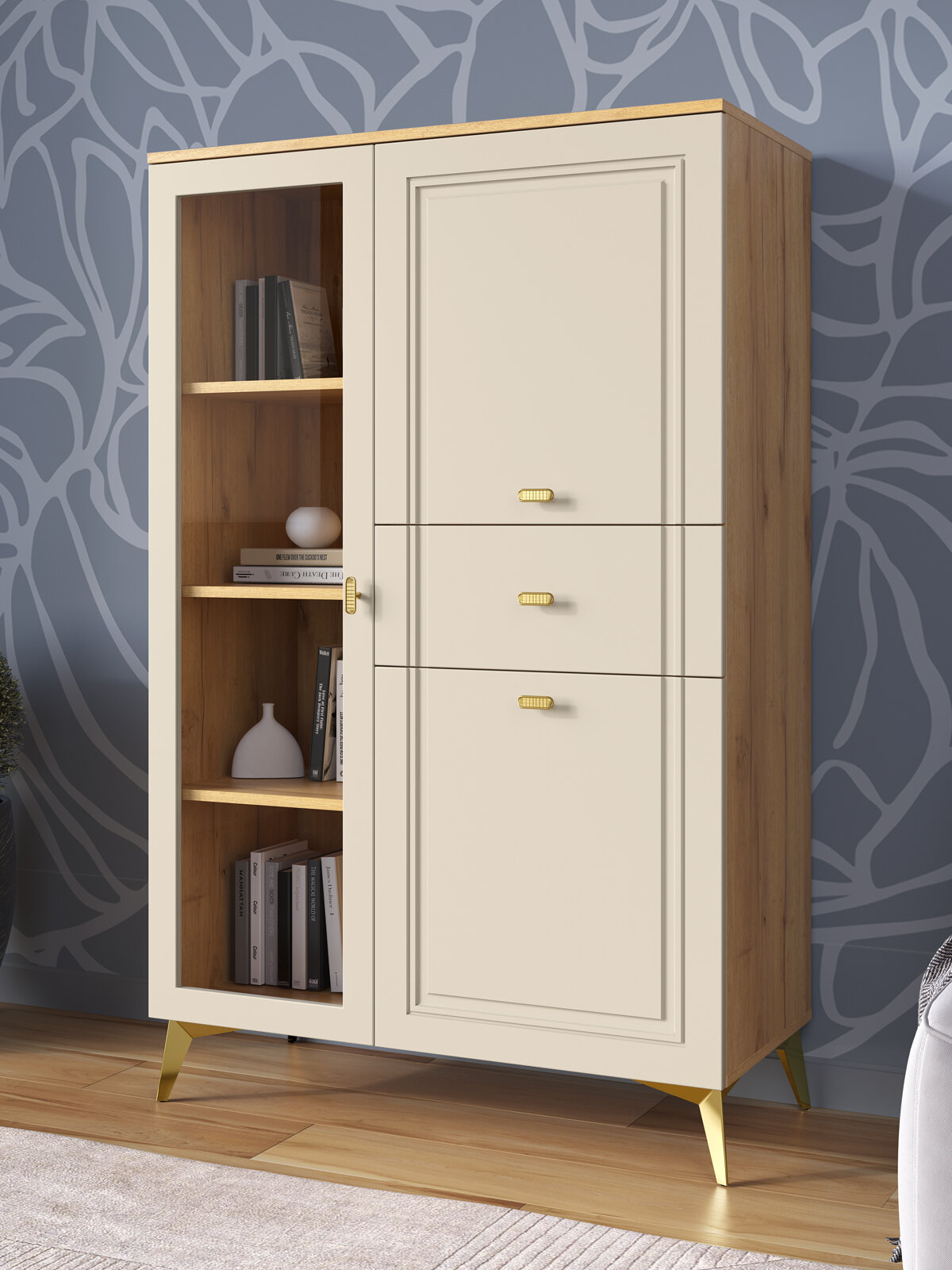 Шкаф-витрина низкий Кураж Вега Сапфир 90,4х42,4х146 см кремовый, со стеклом