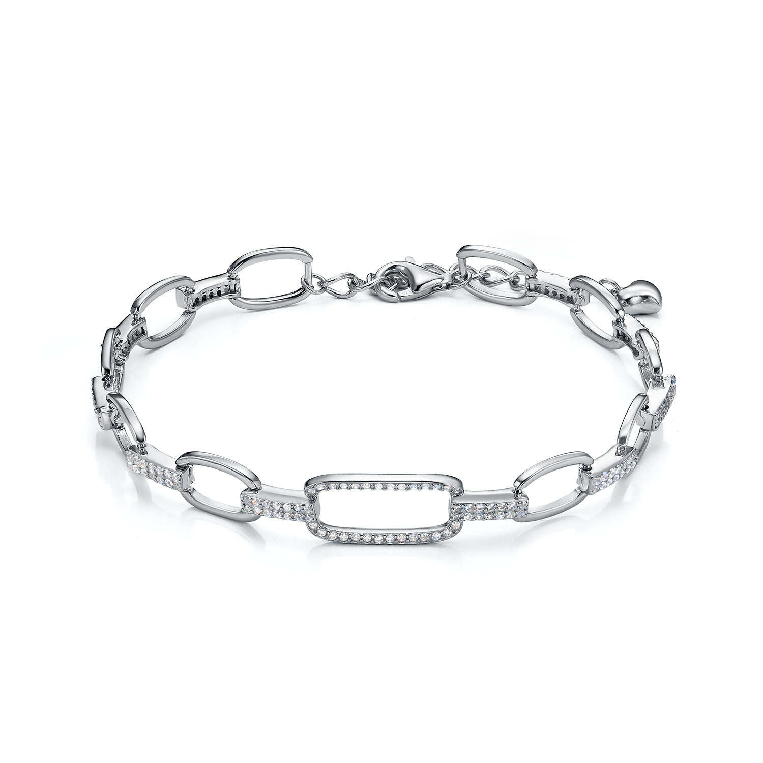 Браслет-цепочка, серебро, 925 проба, родирование, фианит