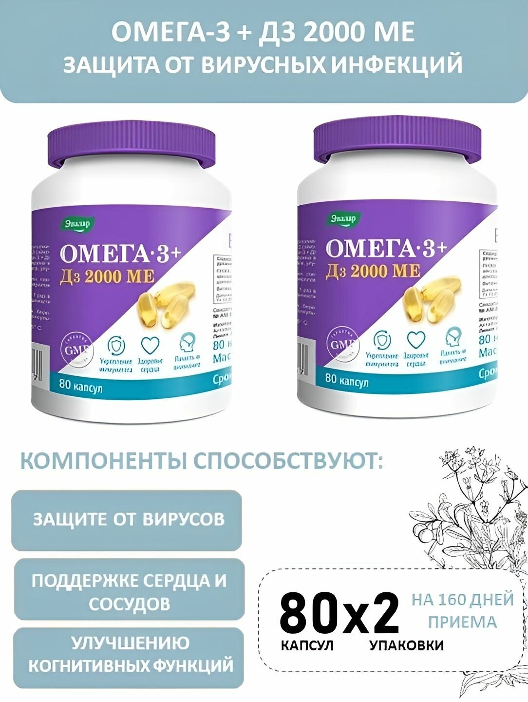 БАД Омега-3+д 3 2000 МЕ 80 шт. капсулы по 1 гр - 2уп