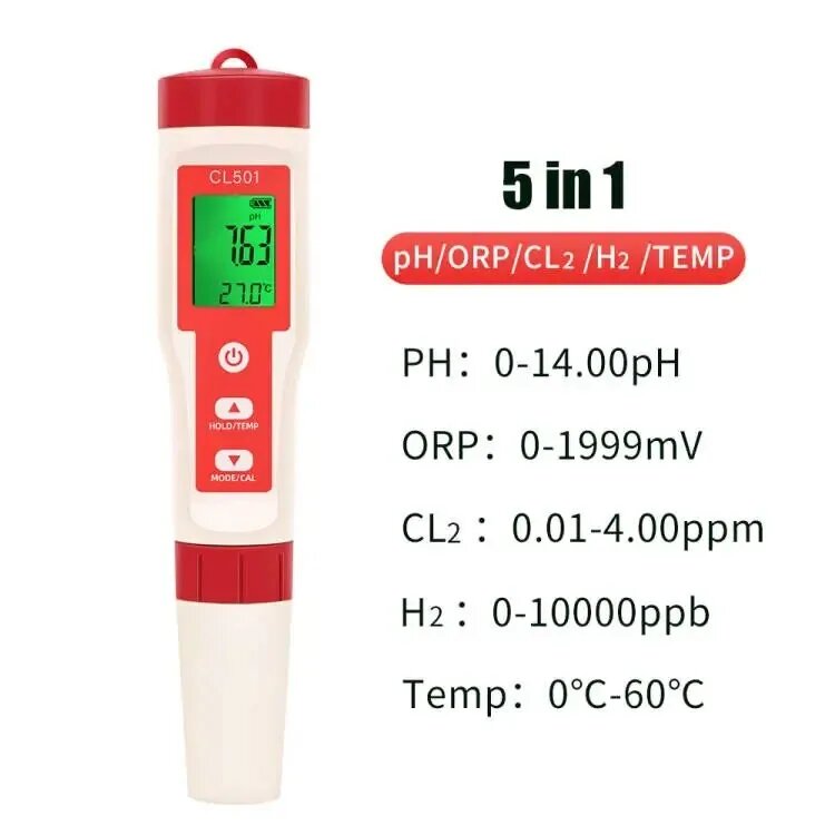 5 в 1 тестер качества воды PH/ORP/CL2/H2/TEMP