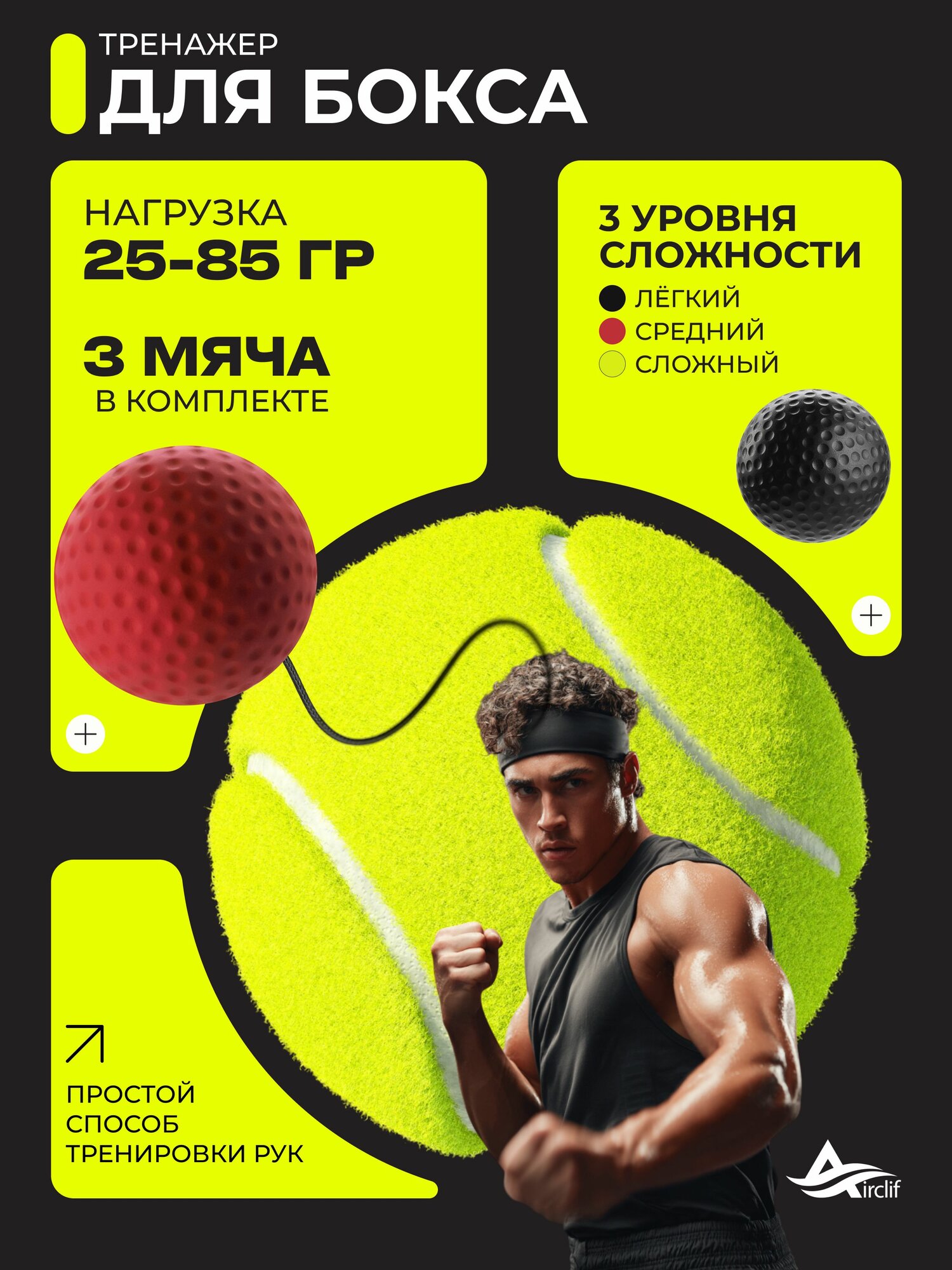 Тренажер для бокса. Мяч для бокса, набор 25 + 65 + 85, Airclif