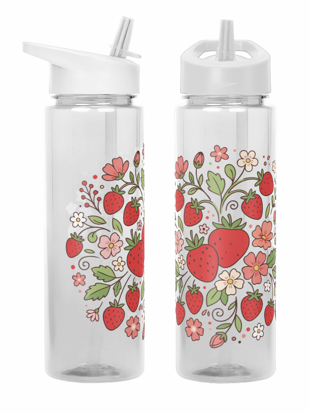 Бутылка белая для воды с принтом паттерн с земляникой. лето