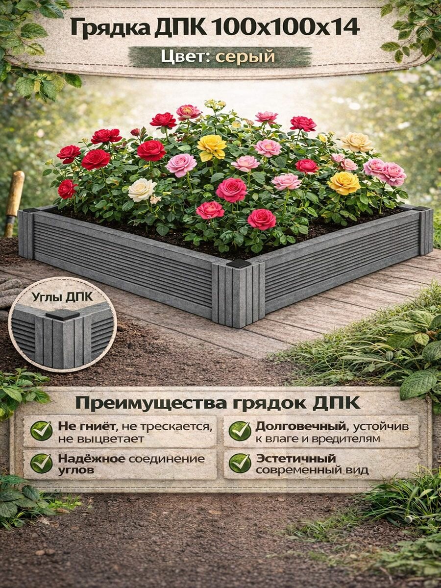 Грядка из ДПК графит (Серая) Патио Квадрат 1 ( Теплая грядка ) 14х100х100 см. Углы и борта из ДПК