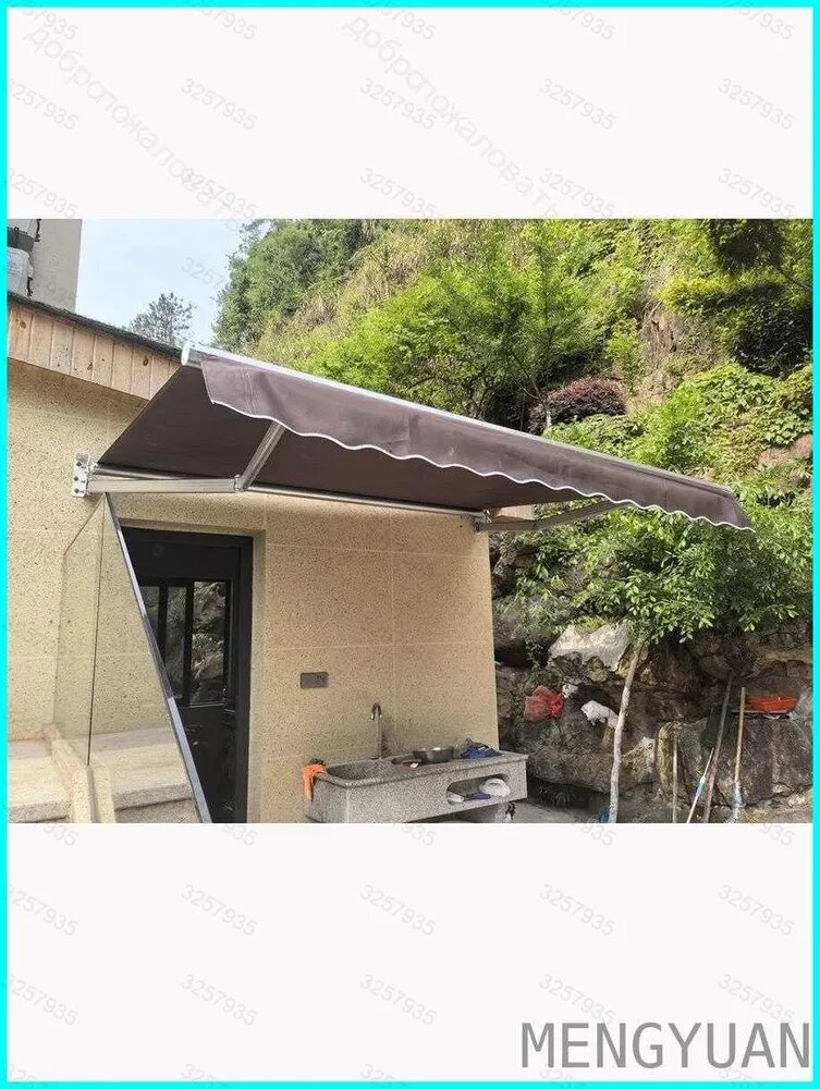 Маркиза навес выдвижная, Тент садовый, брезентпвс, Ручной привод, Коричневый, 200см