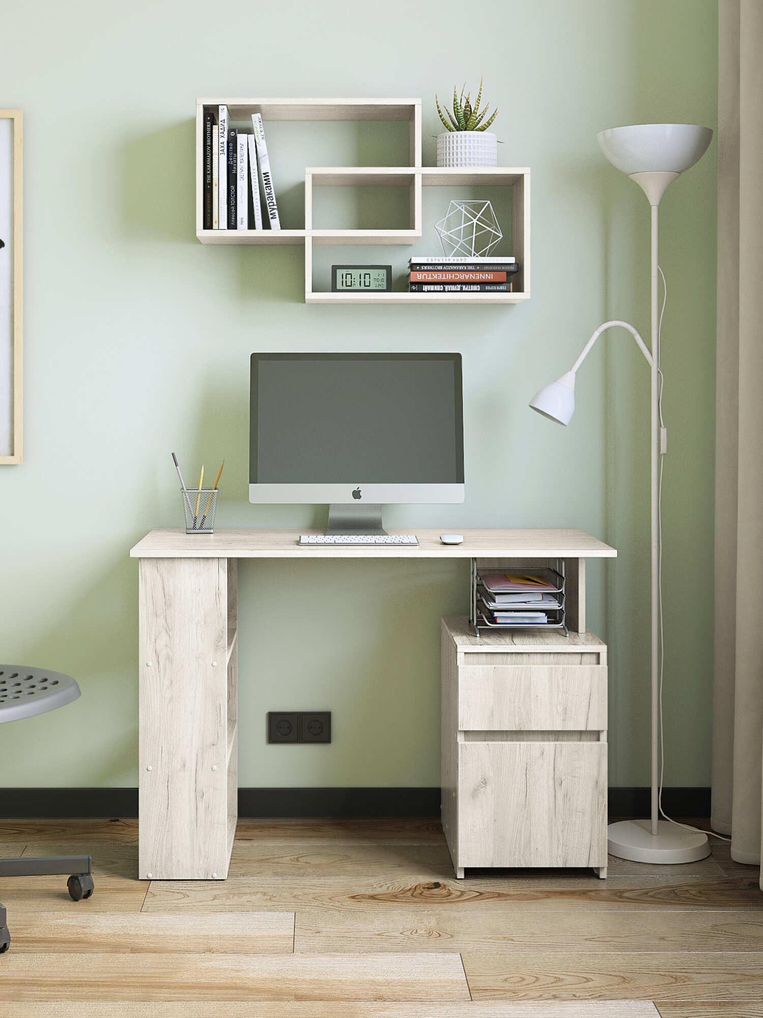 Стол письменный Vif "Триумф-1" дуб крафт белый с тумбой, 1078х498х750 мм.