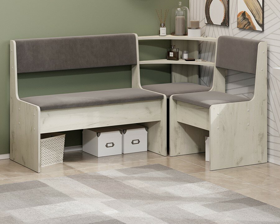 Скамья угловая Ларго, диван кухонный (Дуб крафт белый/Велюр серый)