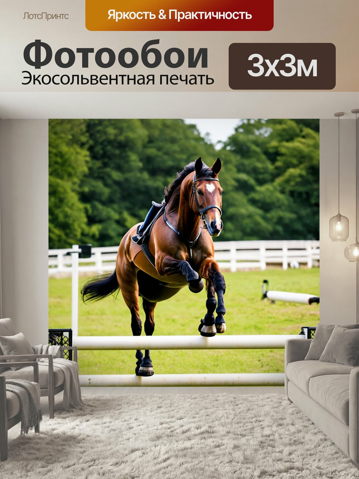 Фотообои "Лошадь, грациозно прыгающая через высокую преграду" 300x300 см. экосольвентная печать