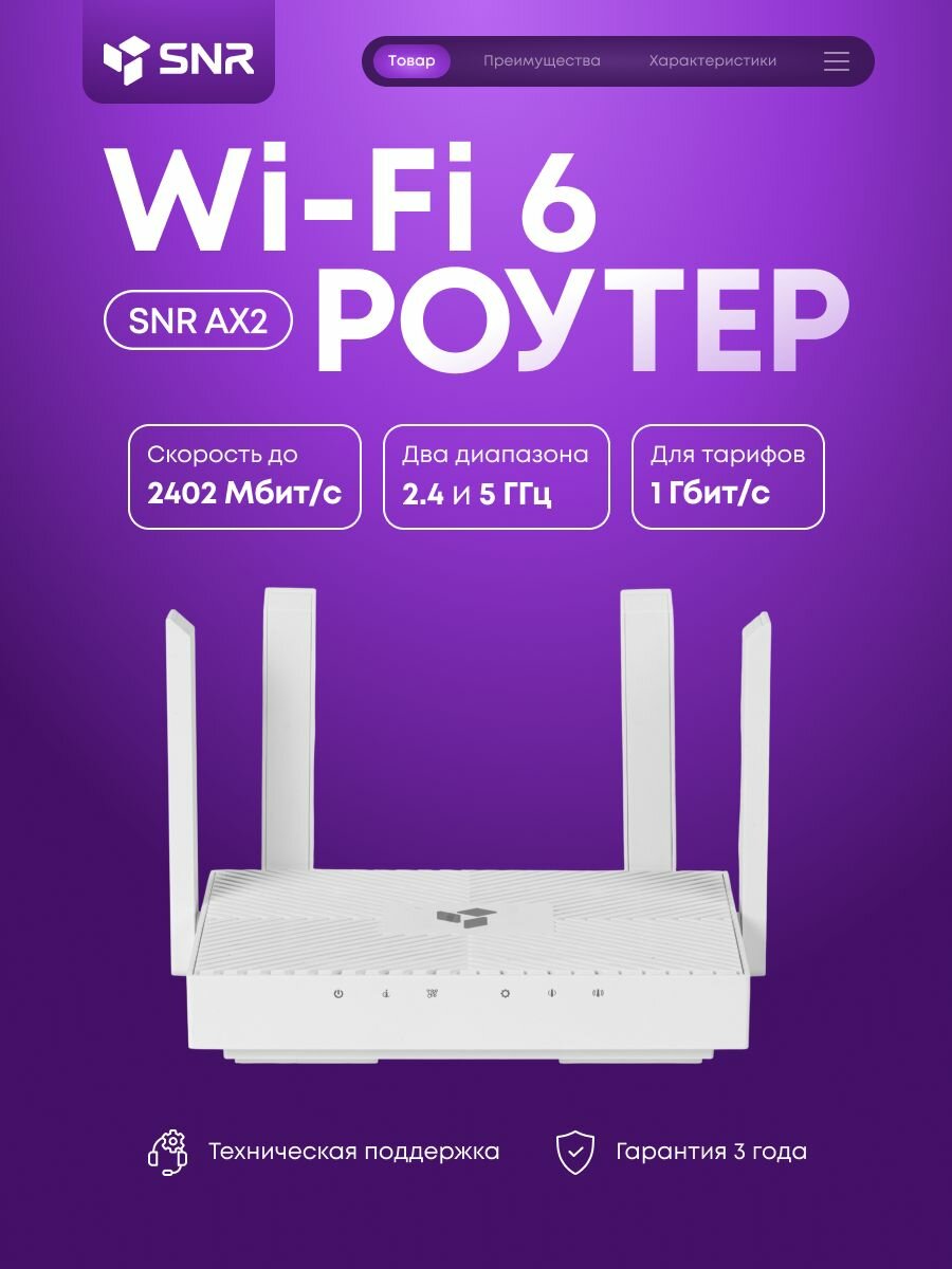 Роутер wifi двухдиапазонный SNR-RT622-G41 2.4 и 5ГГц, Маршрутизатор 2.5 Гбит/с, Поддержка технологий Wi-fi 6, MU-MIMO, Mesh, FireWall, IPv6, OFDMA