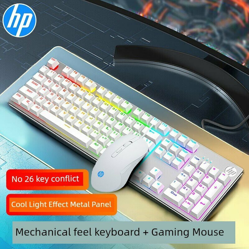 HP игровой набор клавиатура-мышь с RGB-подсветкой, квадратные клавиши, 104 клавиши - белый, тихая мышь с 6 кнопками