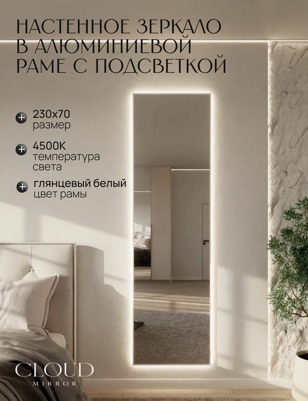 Зеркало 230х70 см. белое с подсветкой. Свет: Нейтральный белый 4500К. В алюминиевой раме интерьерное настенное настенное CLOUD MIRROR