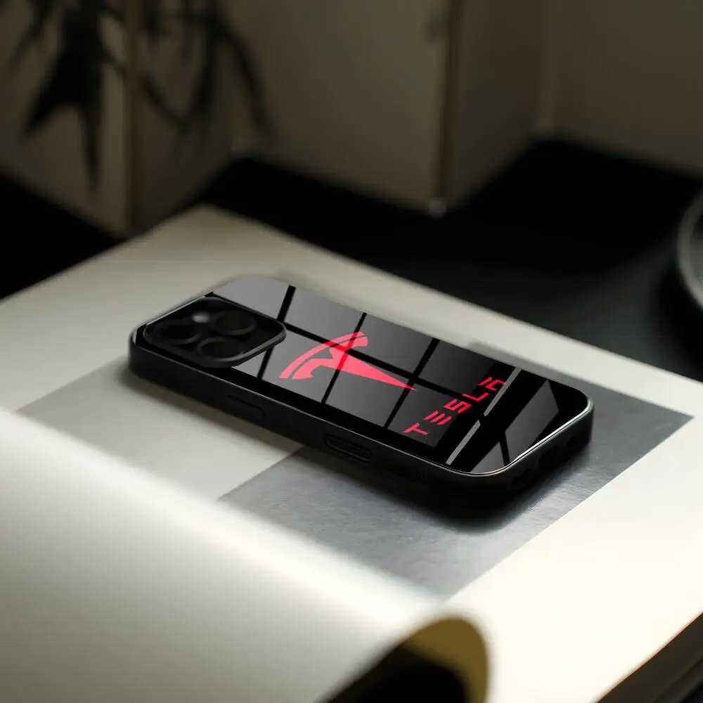 Чехол для телефона с логотипом Tesla из стекла для iPhone 17 Air, 16, 15, 17, Black2, iPhone15 Pro