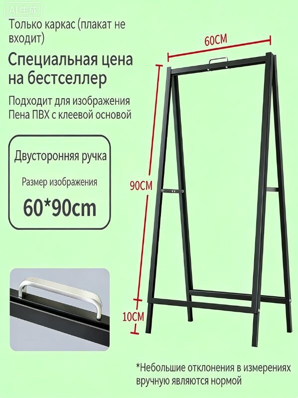 Штендер уличный, рекламный, металлический, двухсторонний, прямоугольный, 60*90см, черный (без рекламного поля).