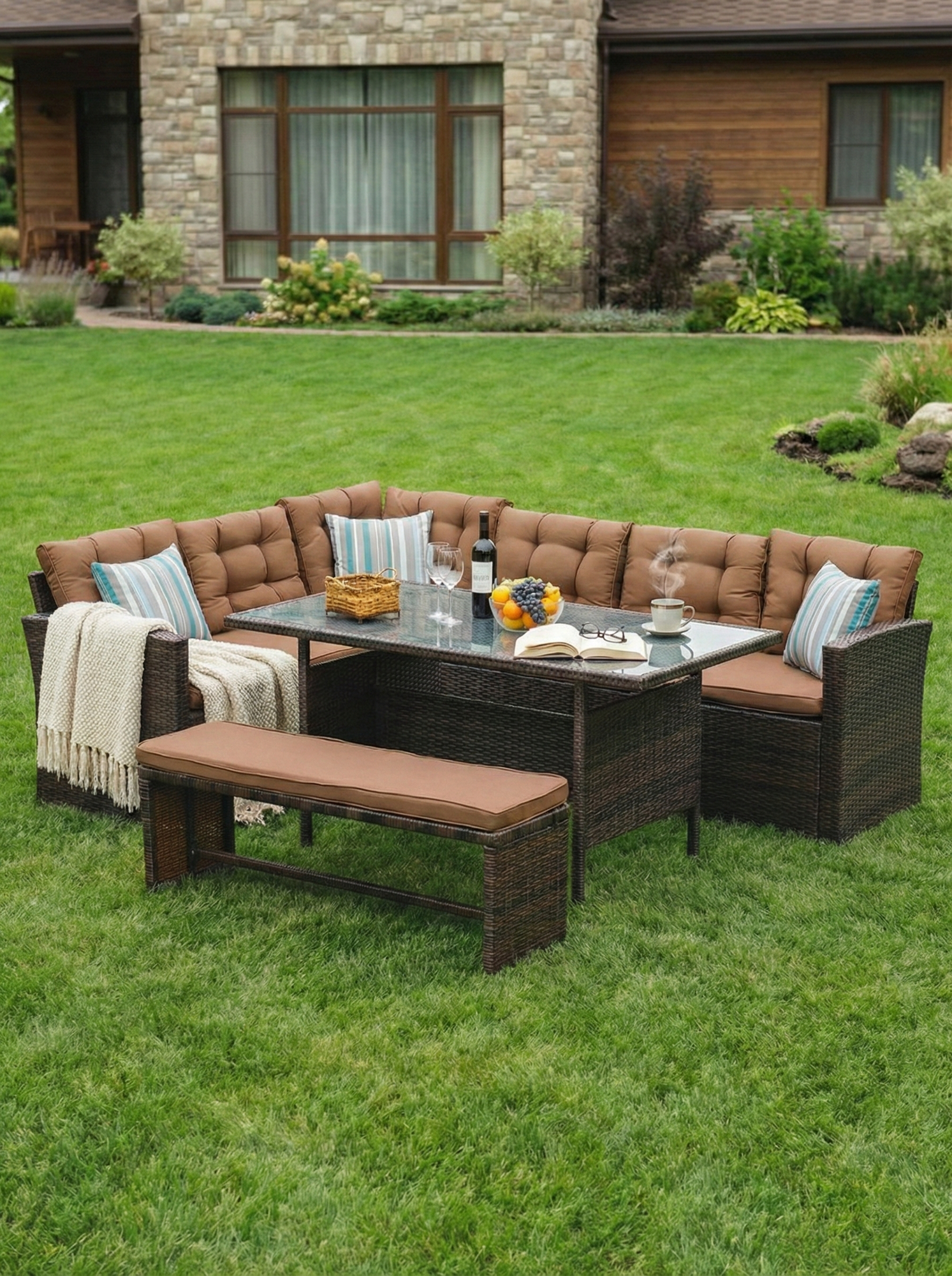 Угловой комплект для обеда и отдыха из искусственного ротанга Римини-7 (Rimini-7), шоколад