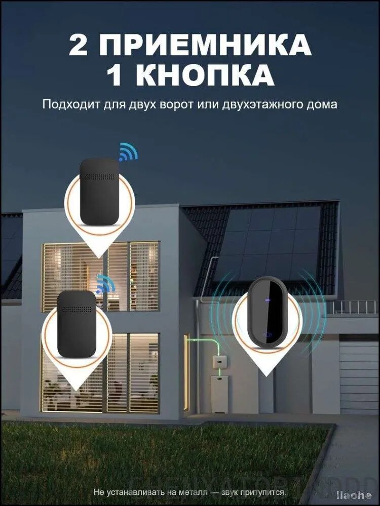 Звонок дверной беспроводной уличный 120 дБ IP68 для дома и дачи, 2 приемника в комплекте, черный