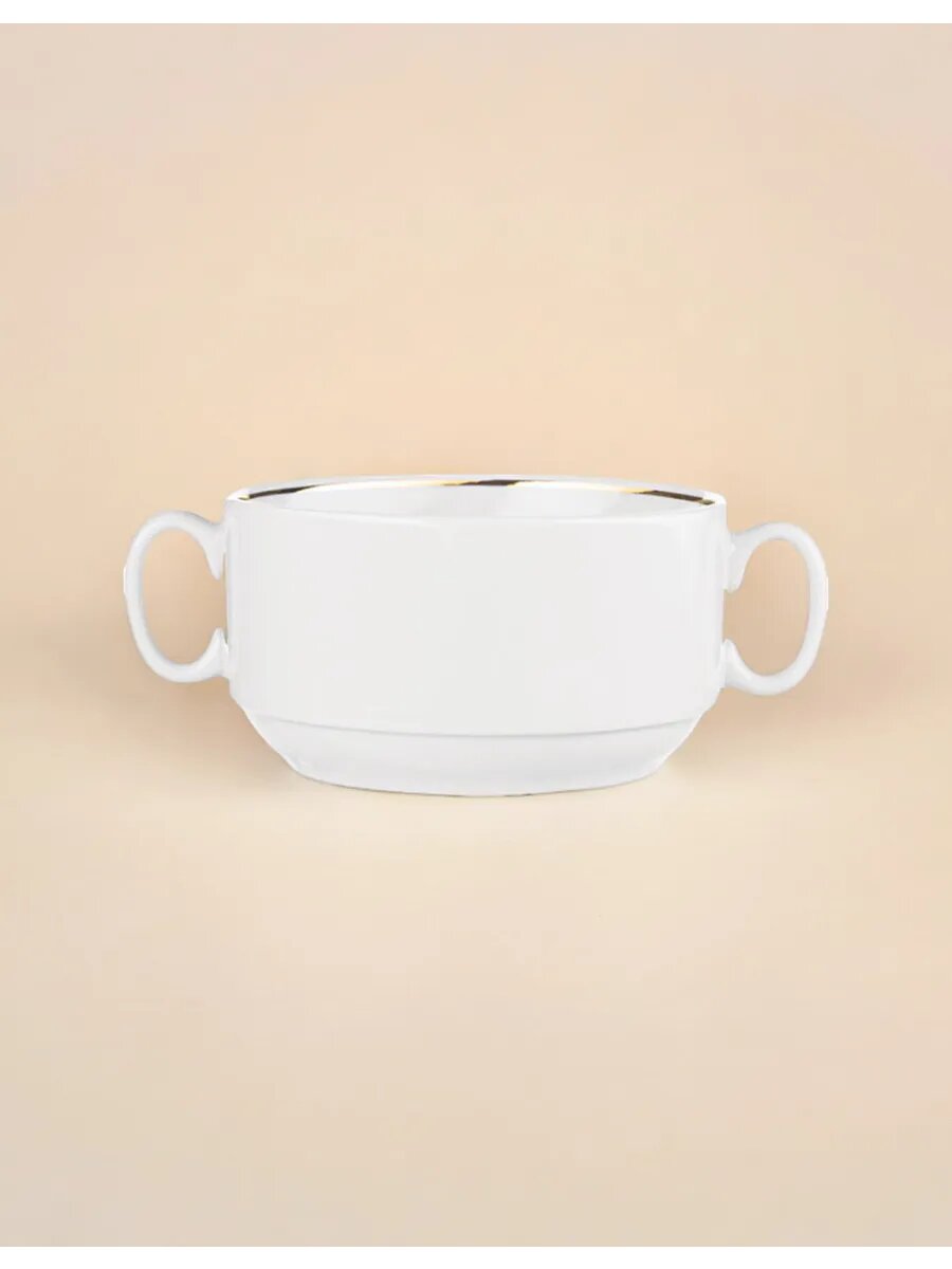 Чашка бульонная 470мл, 117х117х64мм, фарфор, белый-золотой