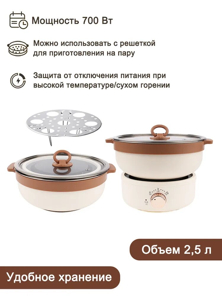 JIQI Мультиварка-скороварка Электрокастрюля, Котелок туристической посуды, кастрюля электрическая 2.5 литра, кастрюля походная, рисоварка, Пароварка, сковородка