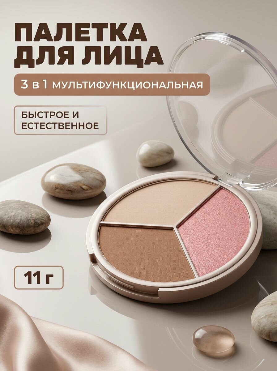 Палетка для скульптурирования лица 3 в 1 № 01 с пудрой румянами и скульптором Make Up, 11 г