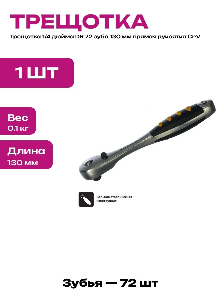Ключ трещоточный 1/4 дюйма DR 130 мм сталь Cr-V код 06-05-48