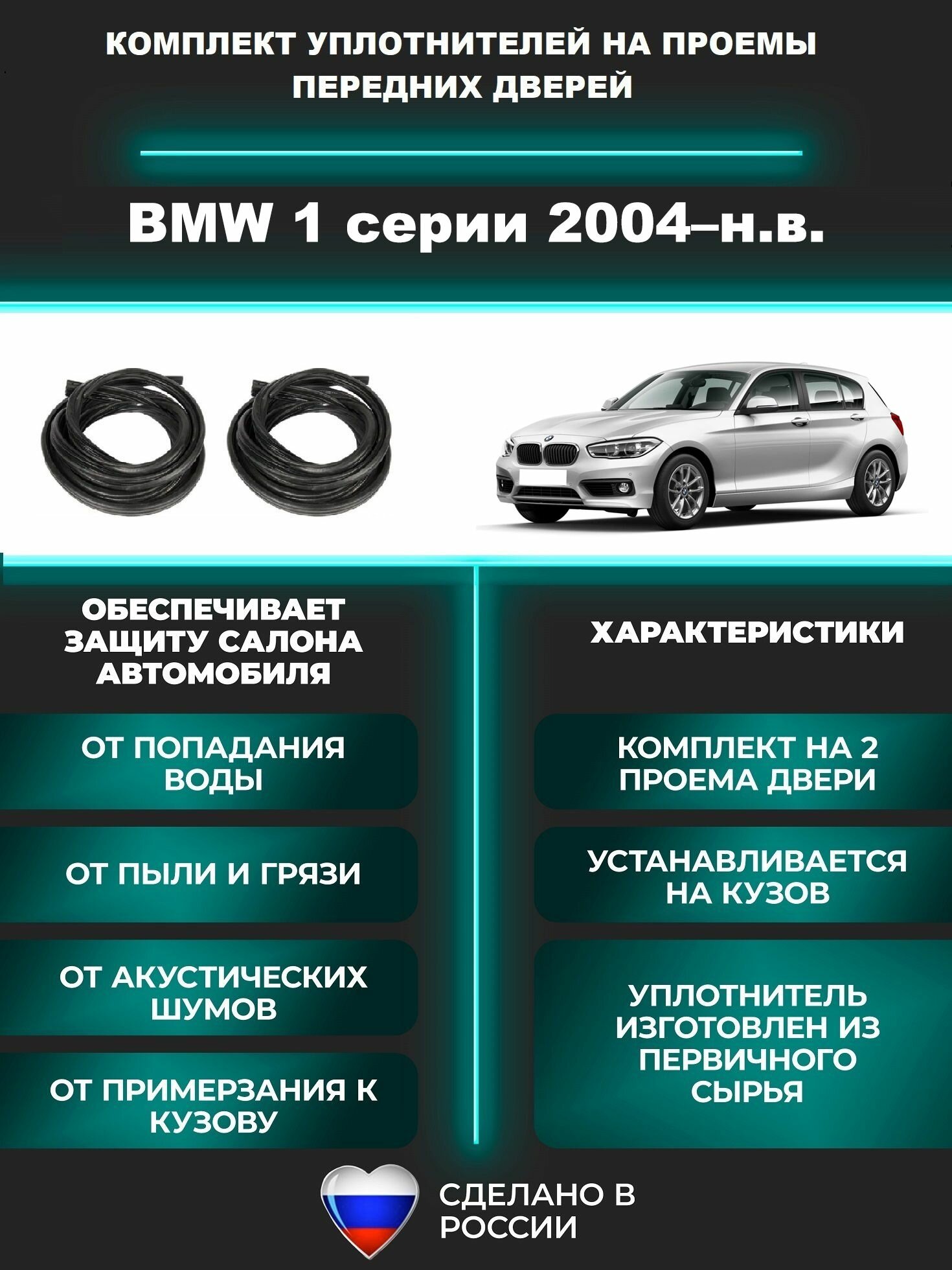 Комплект уплотнителей проема передних дверей, подходит на BMW 1 серии 2004-н. в, кузов E81, E82, E87, E88, F20/F21, F40, F70 / БМВ 1 - 2 шт
