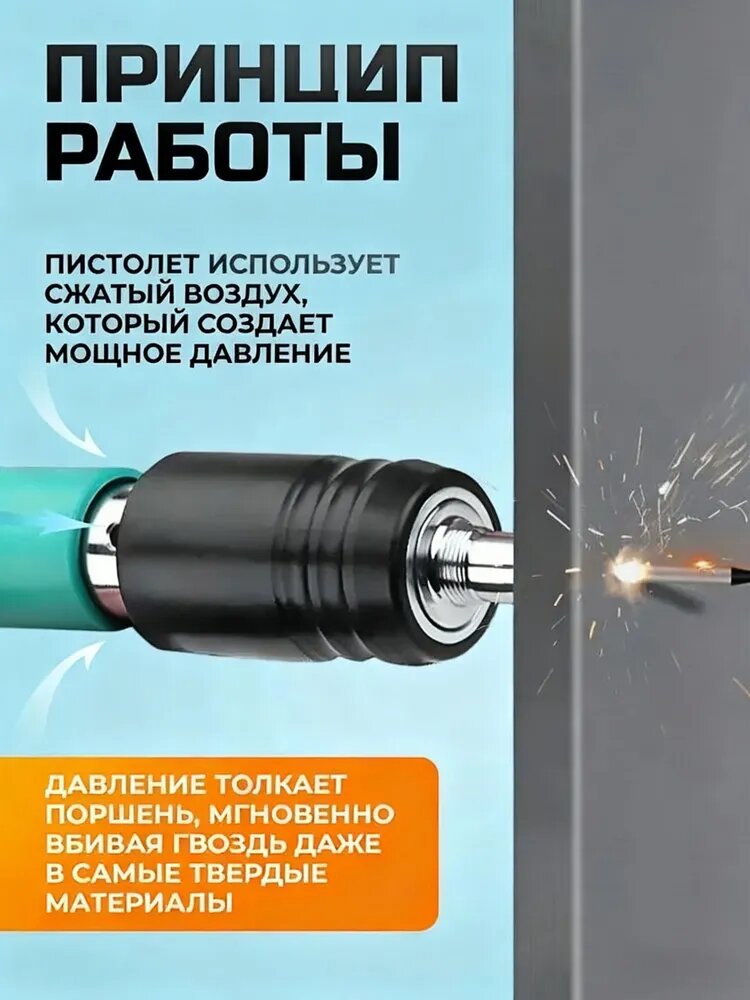 Набор пневмоинструмента для забивания гвоздей, с 50 гвоздями, инструкцией и защитными очками — фото 1