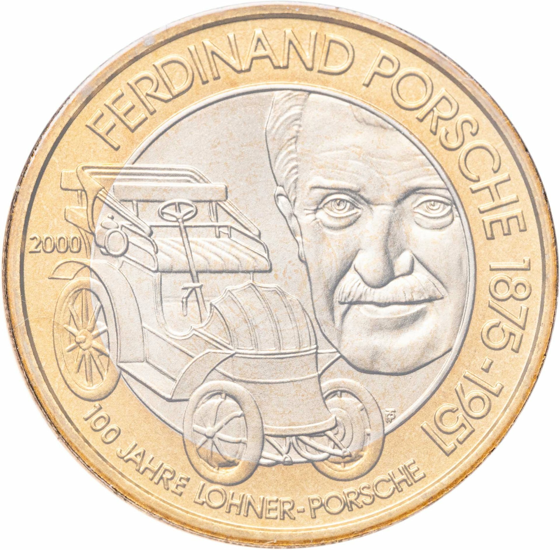 Австрия 50 шиллингов 2000 "100 лет первому гибридному автомобилю Лохнер-Порше" в официальном буклете, Биметалл, в сохранности BUNC