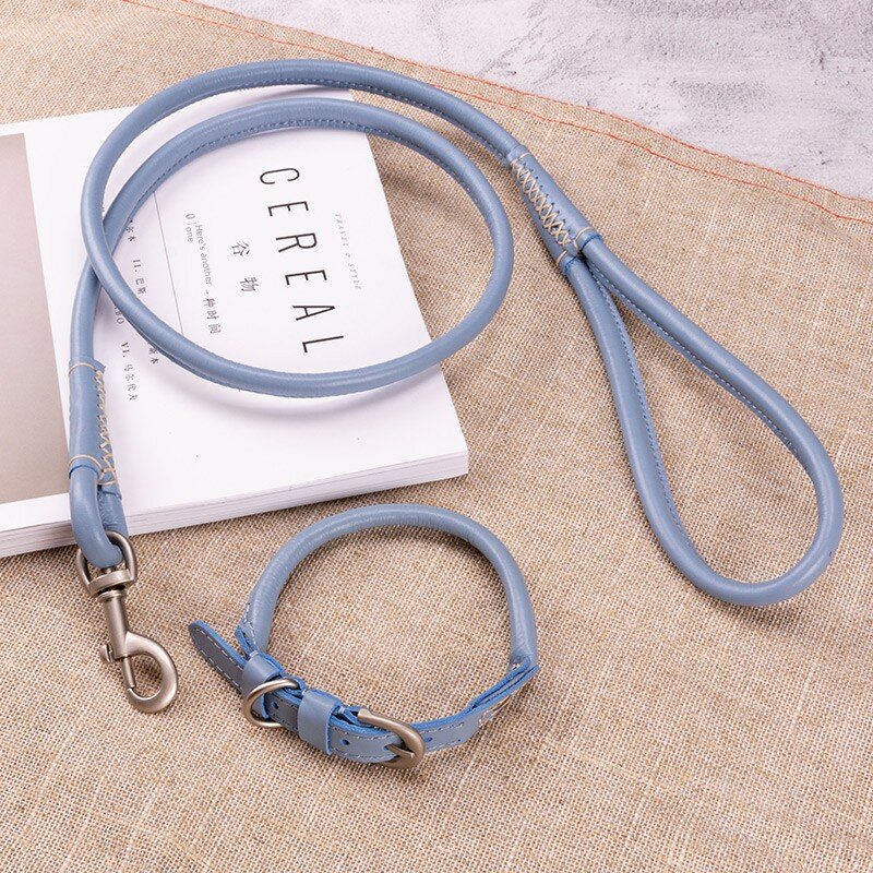 Сине-голубой набор ошейника и поводка из мягкой кожи для мелких собак, размер ошейника 51x1.2см, длина поводка 120x1.2см