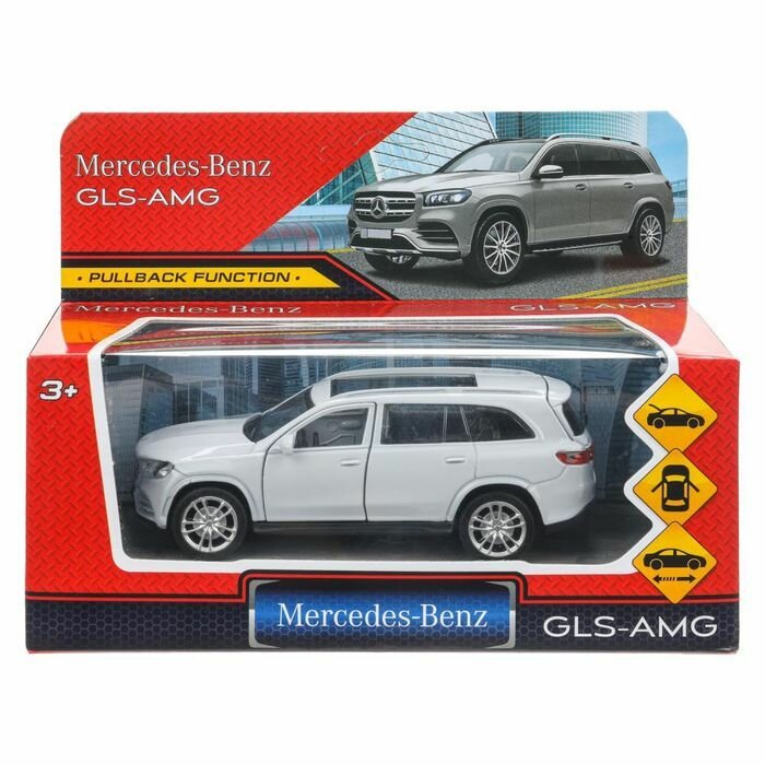 Машинка Huada Toys модель инерционная Mercedes-benz GLS class amg 12 см, металл, открываются двери и багажник, серебряный, от 3 лет, GLS-12-SR
