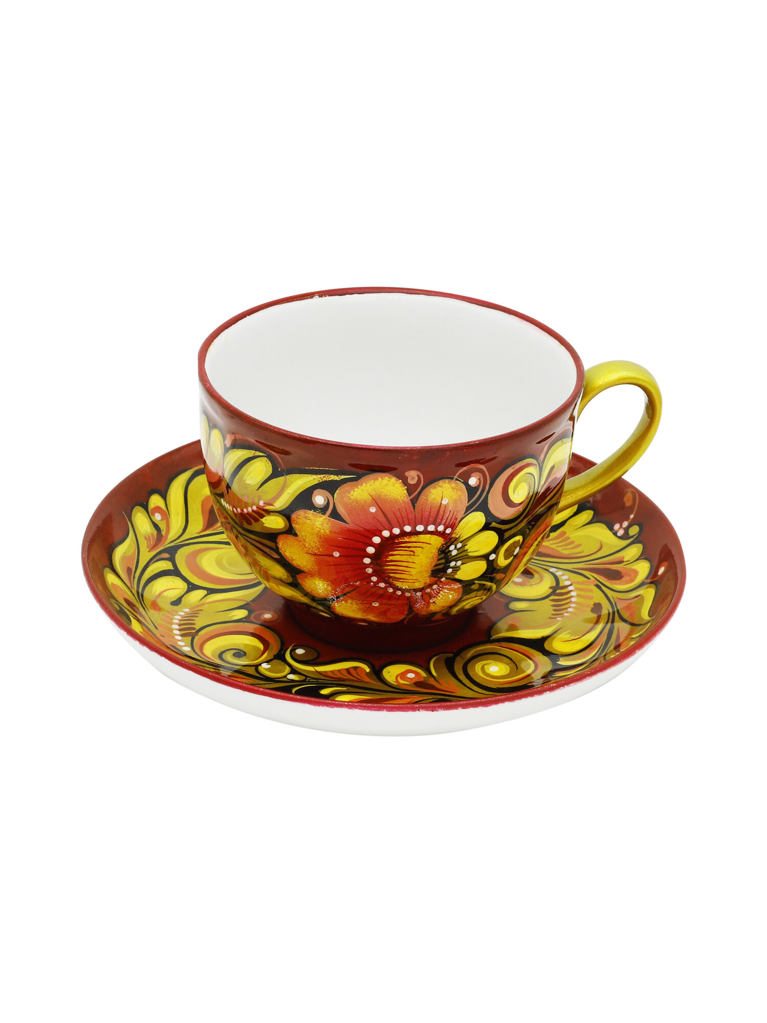 Хохлома Чайная пара, "Кудрина", бордо, фарфор, ручная работа.