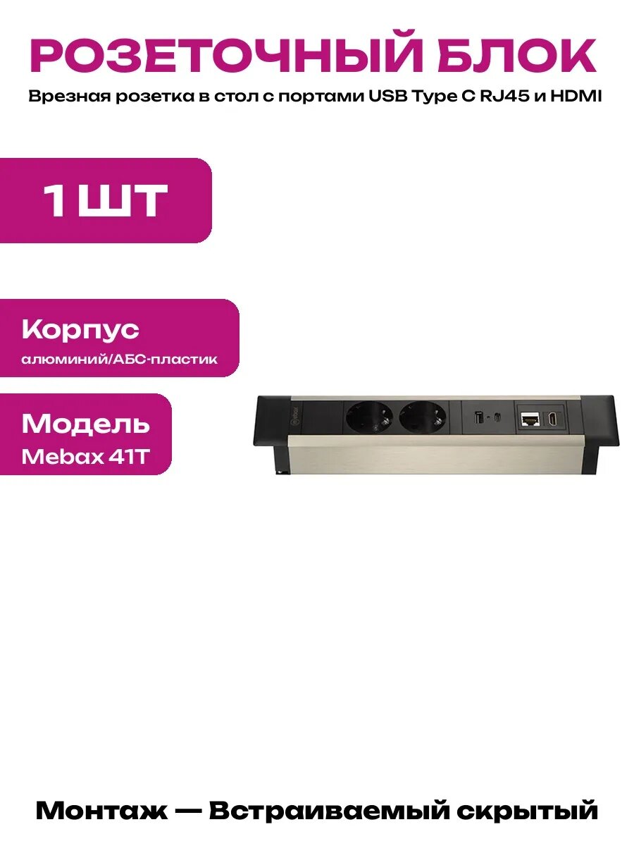 Розетка встраиваемая в мебель USB Type C RJ45 HDMI шторки