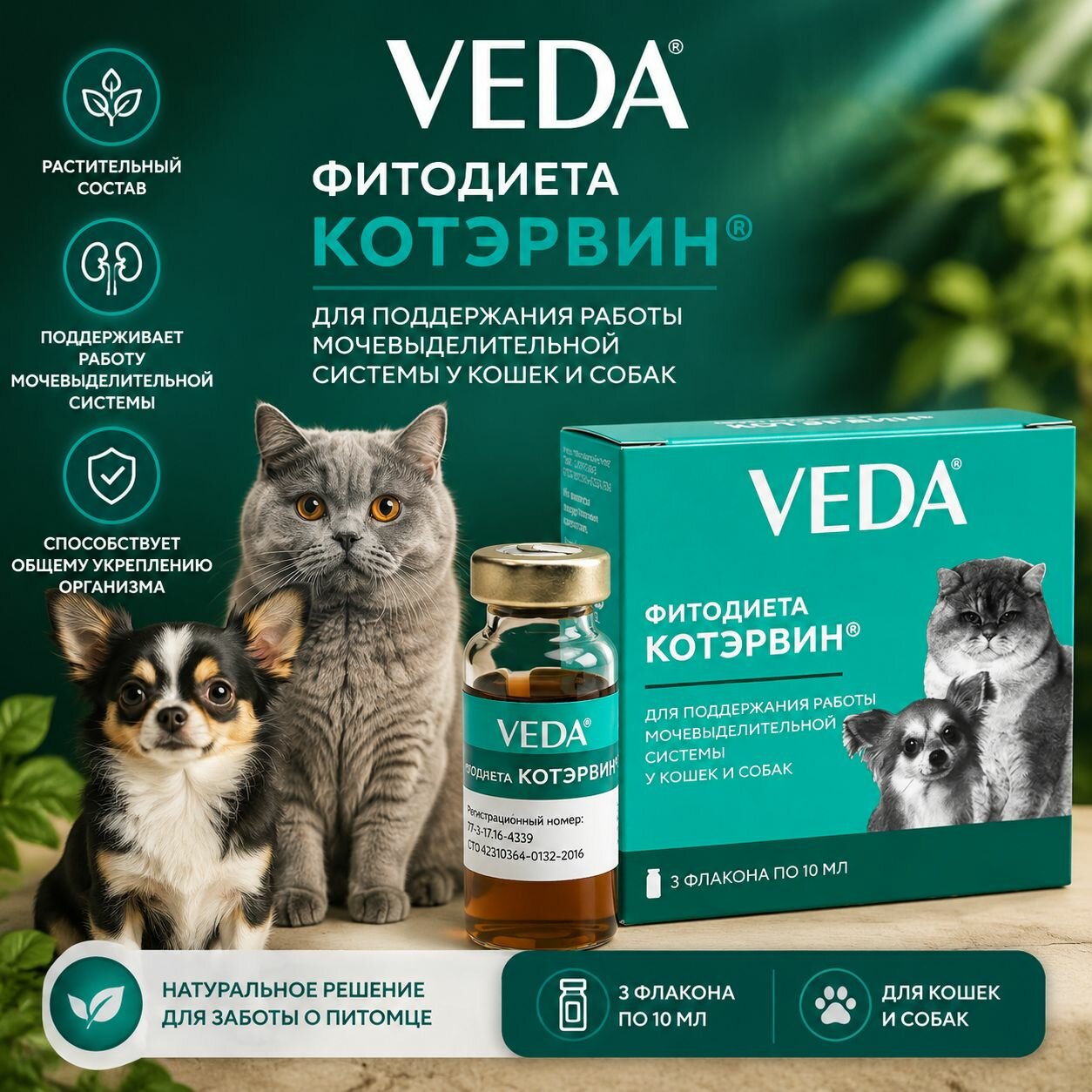 Котэрвин настой для кошек и собак средство для профилактики и лечения мочекаменной болезни МКБ и почек 3х10 мл