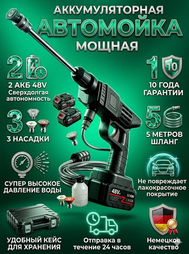 Мойка высокого давления аккумуляторная для автомобиля, Автомойка, в кейсе 2 аккумулятора, 3 насадки