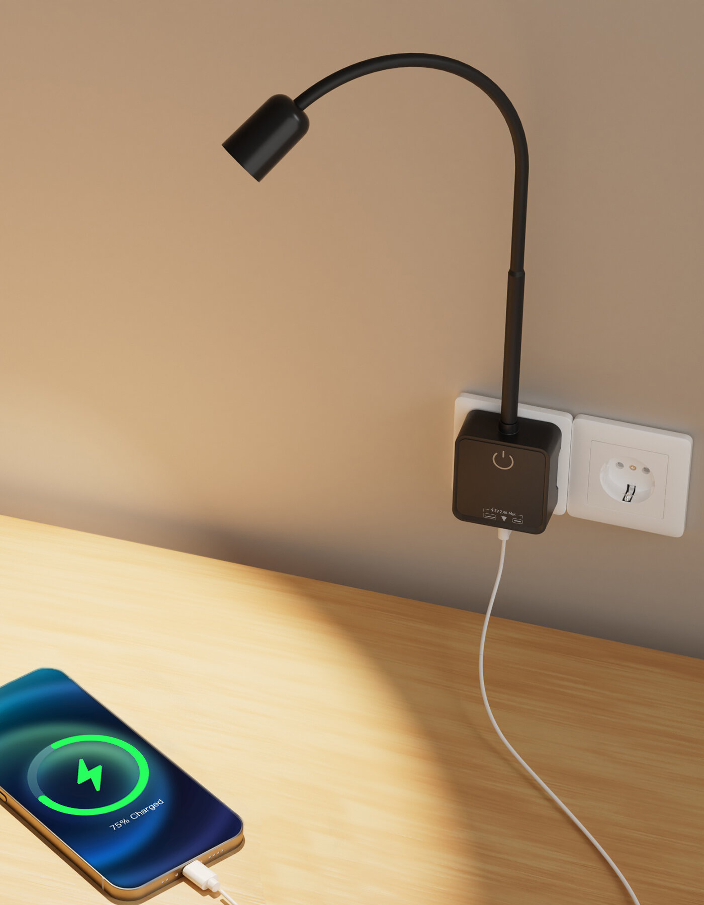 LED светильник настенный с сенсорный выключатель и вилкой, USB Type C порт, Регулировка яркости, 3 цветовые температуры