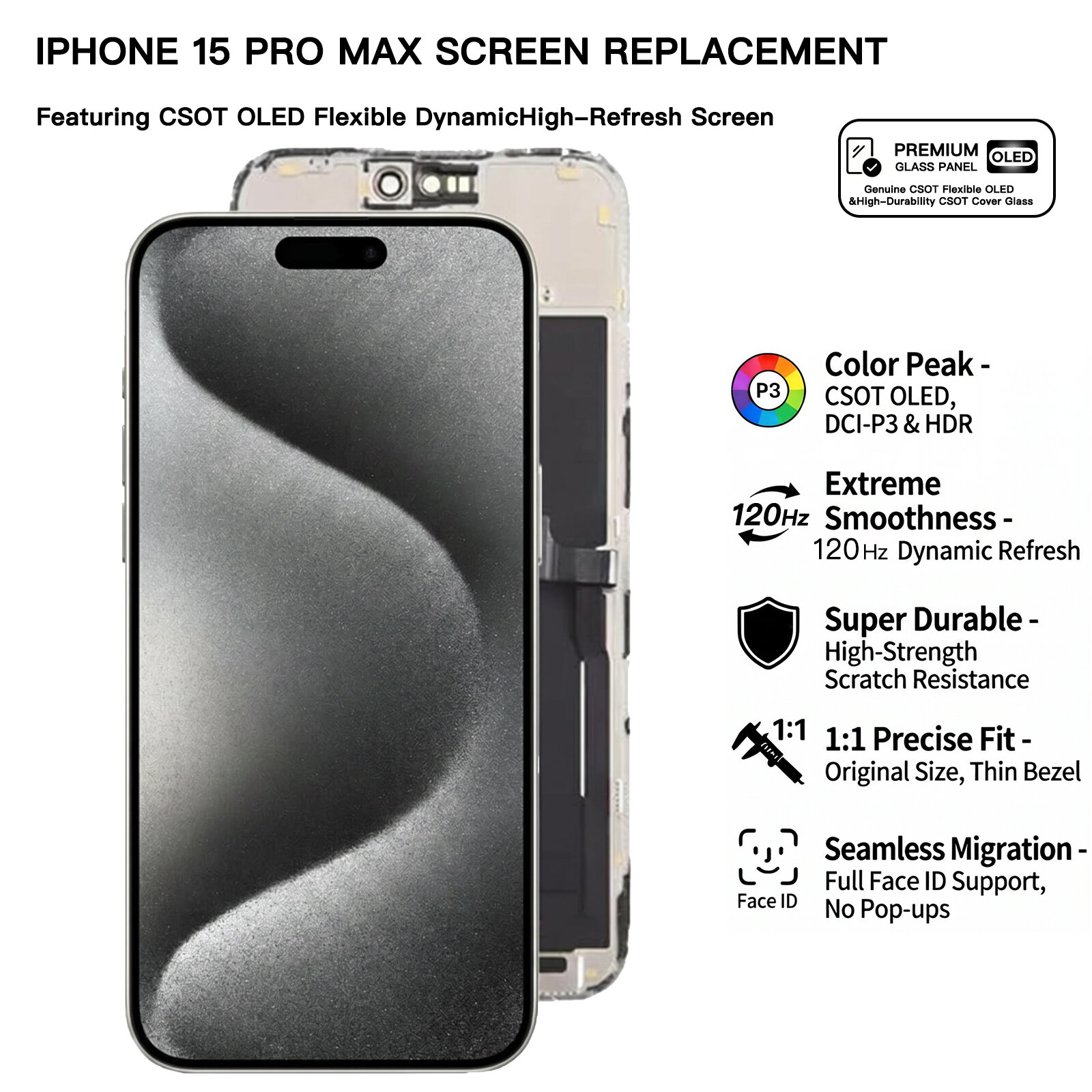 Гибкий OLED-экран-замена для iPhone 15 Promax: 120 Гц, рамки 0.9 мм, высший китайский класс