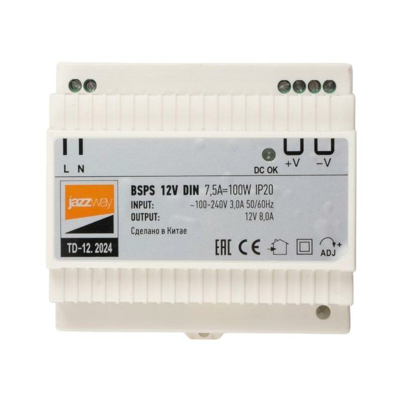 Блок питания для светодиодной ленты BSPS DIN 12В 7.5А=100Вт PL IP20 Pro+ JazzWay 5049987