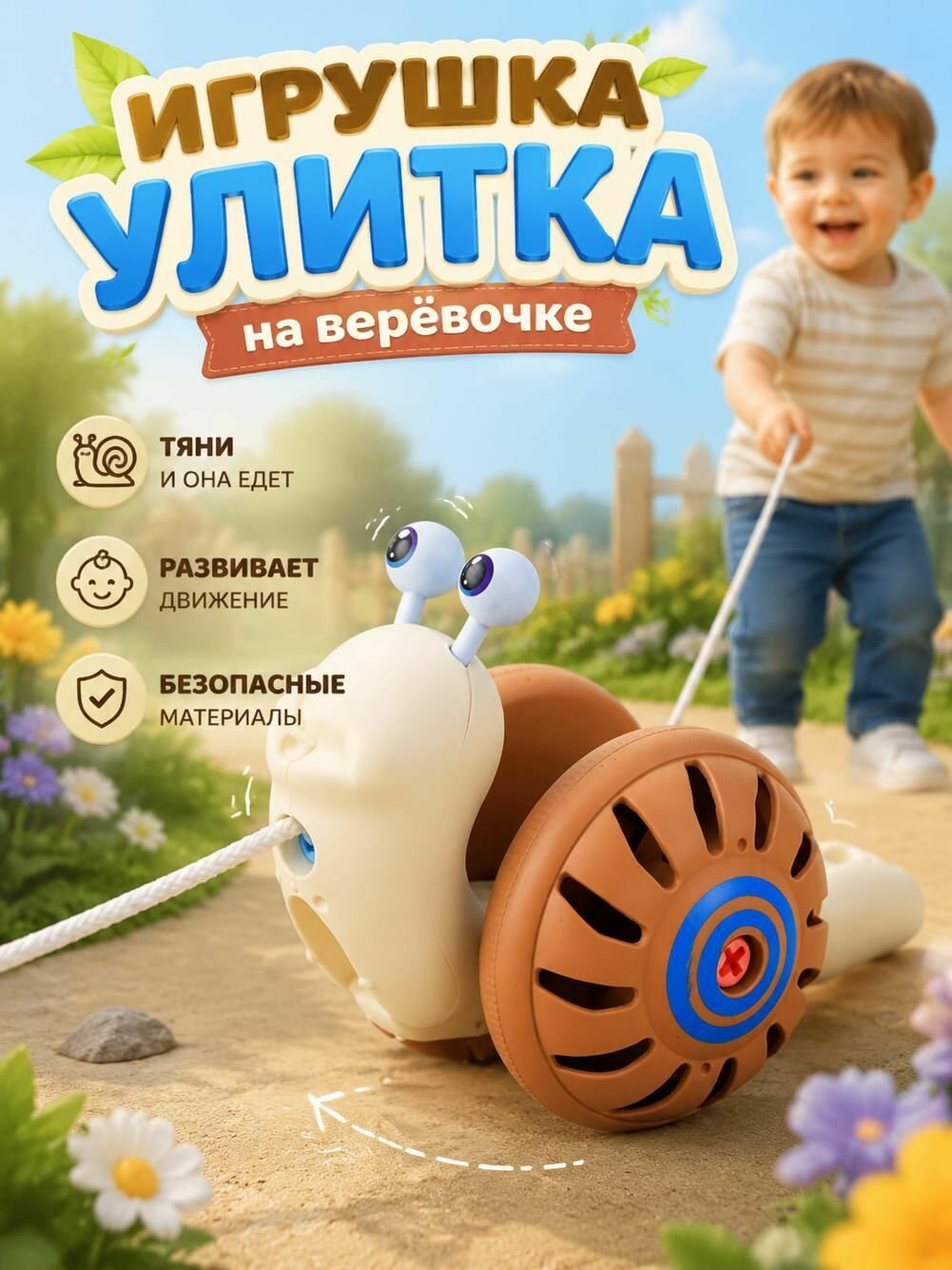 Каталка погремушка для малышей на верёвке "Улиточка"