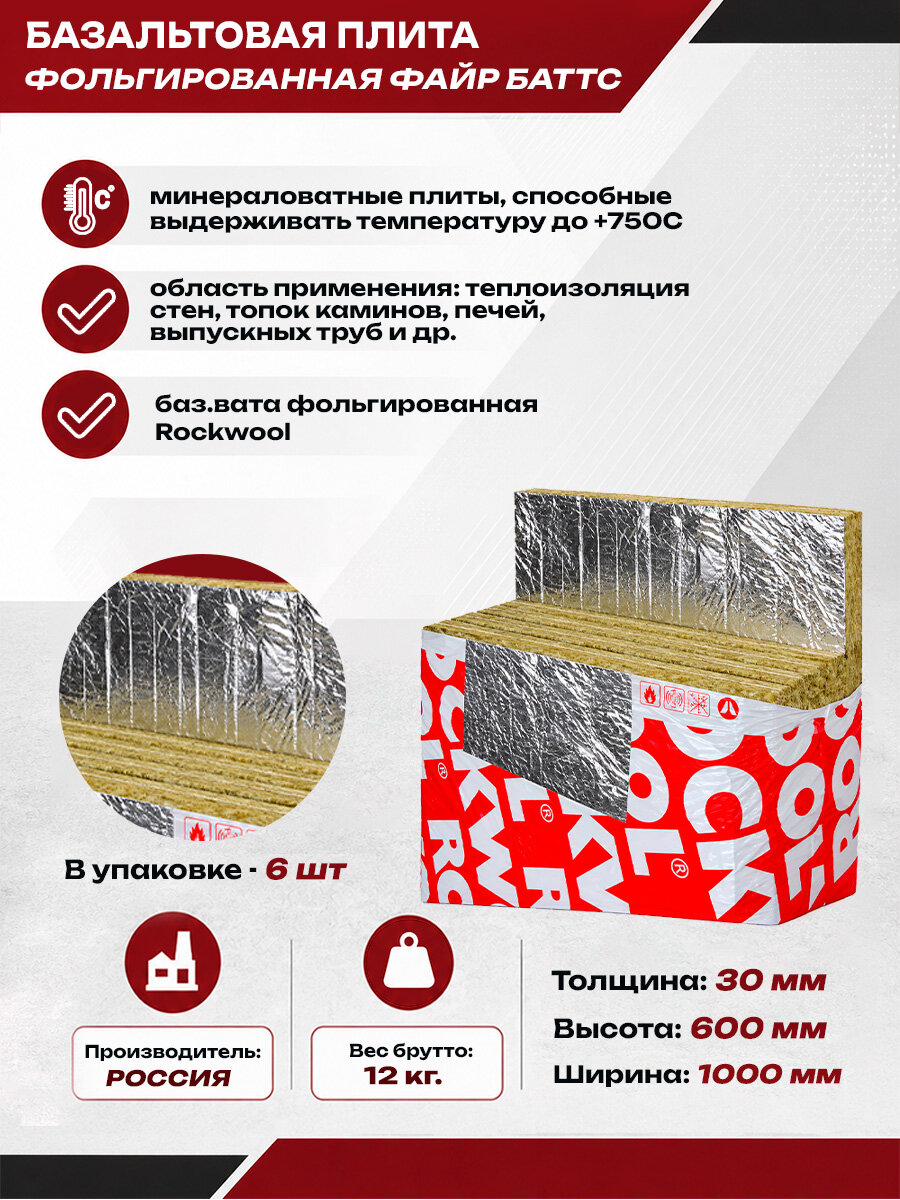 Базальтовая плита фольгированная Файр Баттс (FIRE BATTS) (1000х600х30мм) (6 шт)