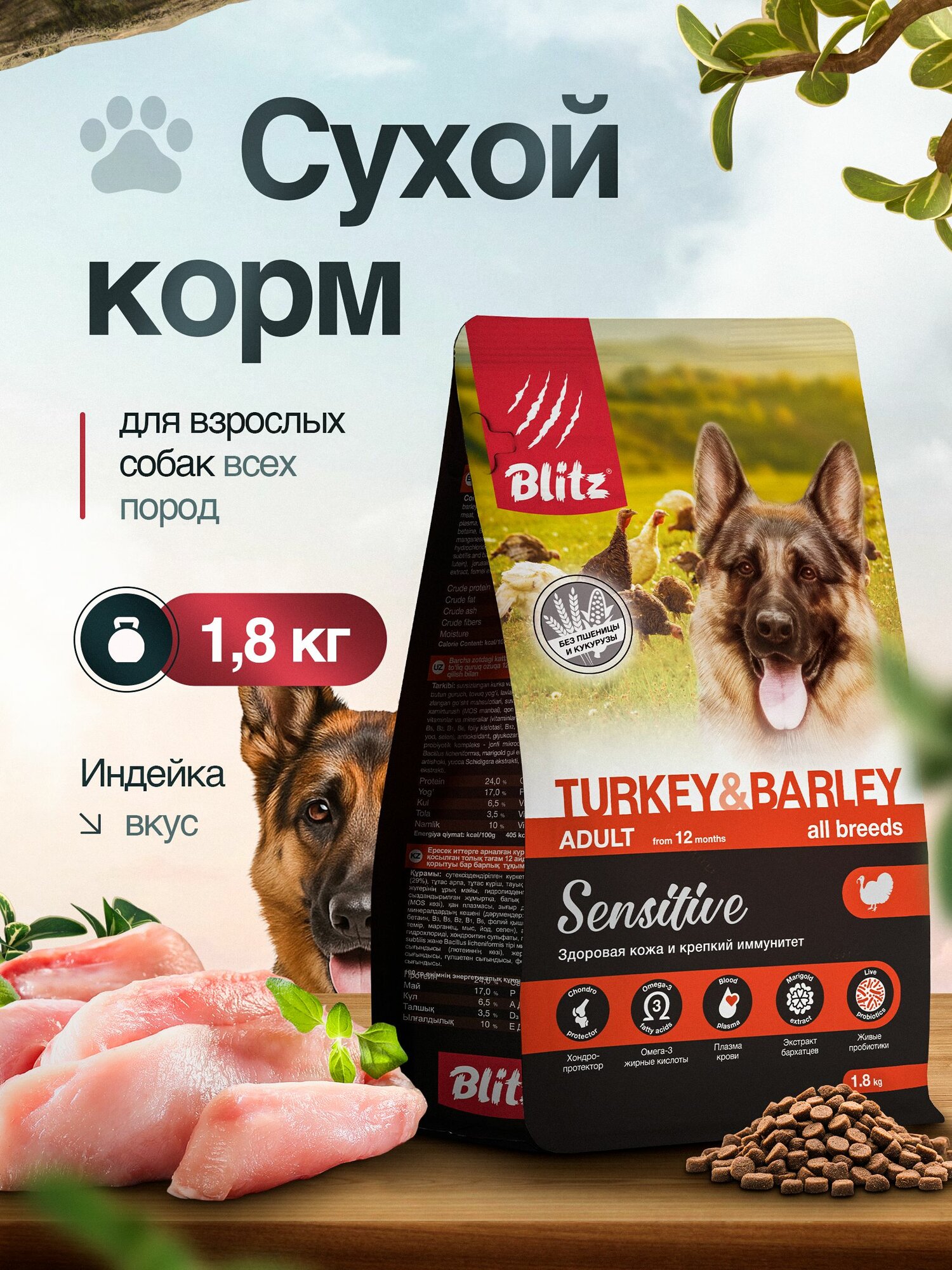 Сухой корм BLITZ ADULT Turkey&Barley для взрослых собак c чувствительным пищеварением Индейка и ячмень/ 1,8кг