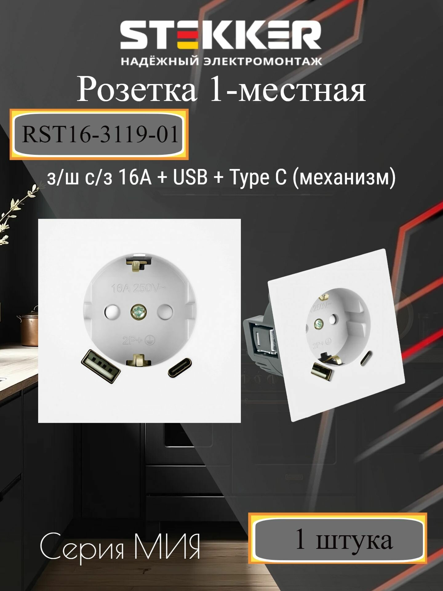 Розетка одноместная з/ш с заземлением 16А + USB + Type C (механизм), 250В, 20W, серия Мия, RST16-3119-01, белая магнолия STEKKER 50438 (без рамки)