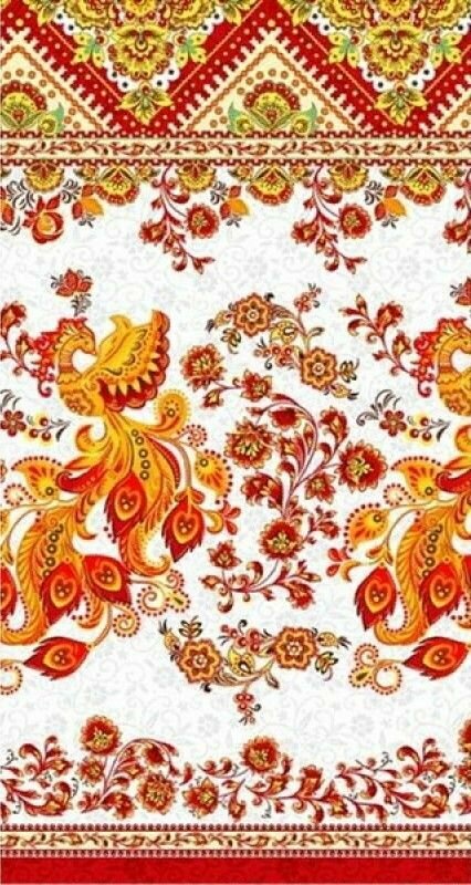 Кухонное полотенце 40*75 см Рогожка с петелькой для подвешивания "Хохлома Жар-Птица" в подарок на Новый год, на День Рождения, на 8 марта из 100% хлопка